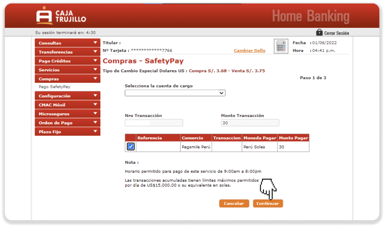 Peru Bank Kartı (Mastercard / Maestro), Bank köçürməsi