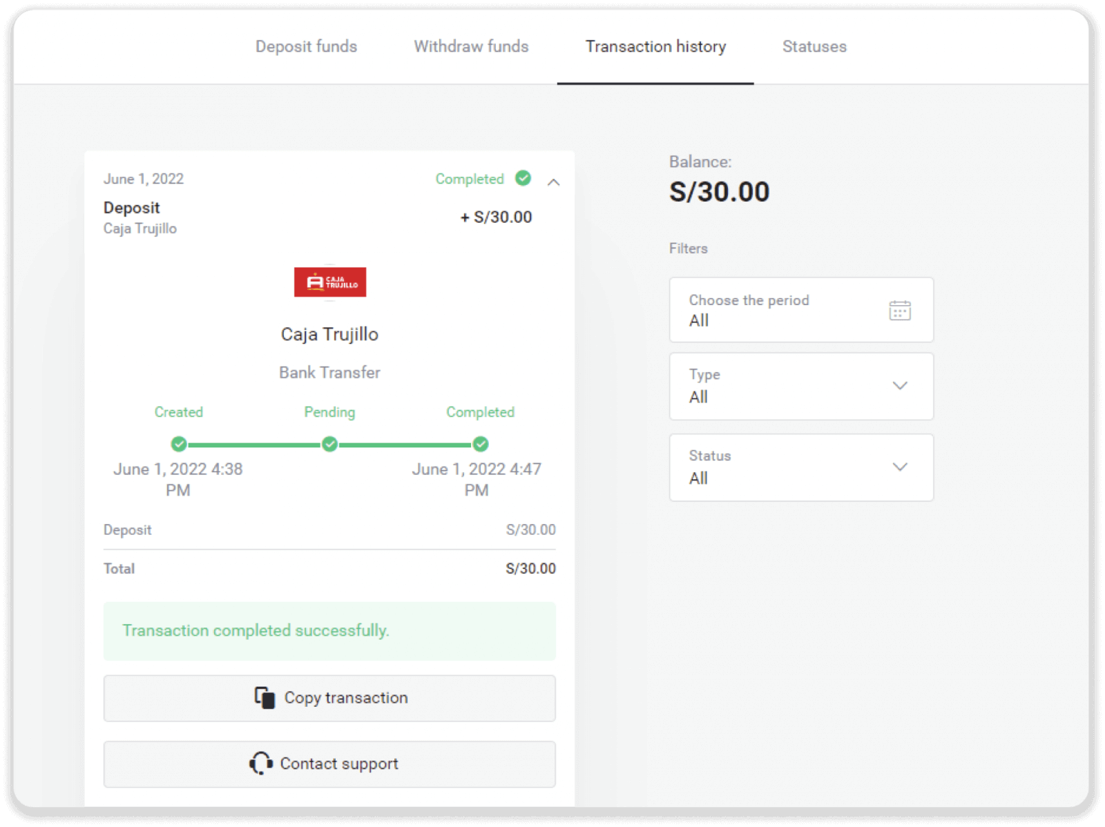 Peru Bank Kartı (Mastercard / Maestro), Bank köçürməsi